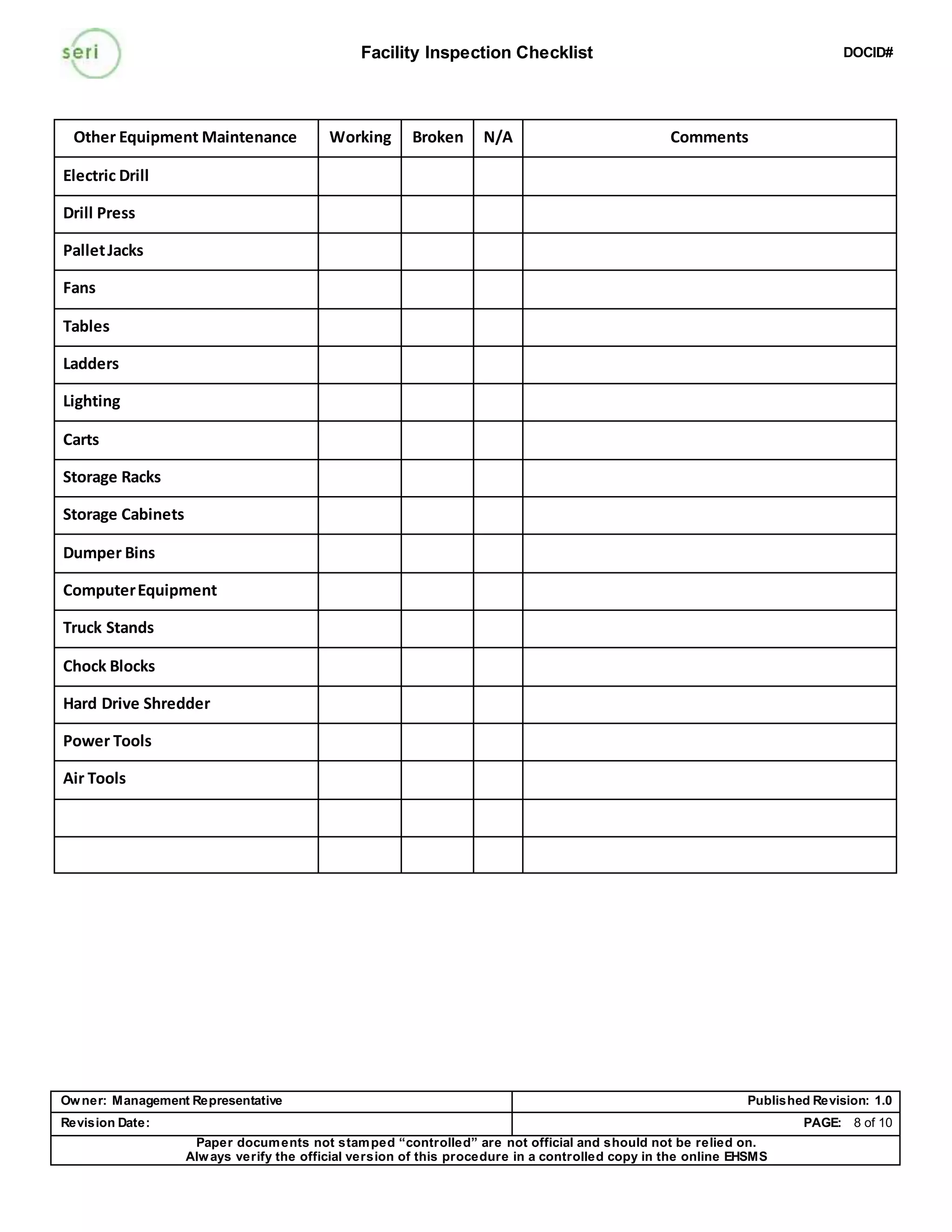 Facility inspection checklist | DOCX