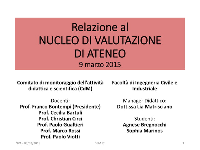 Facolta’ di ingegneria civile e industriale PRESENTAZIONE AL NUCLEO DI VALUTAZIONE DI ATENEO | PPT