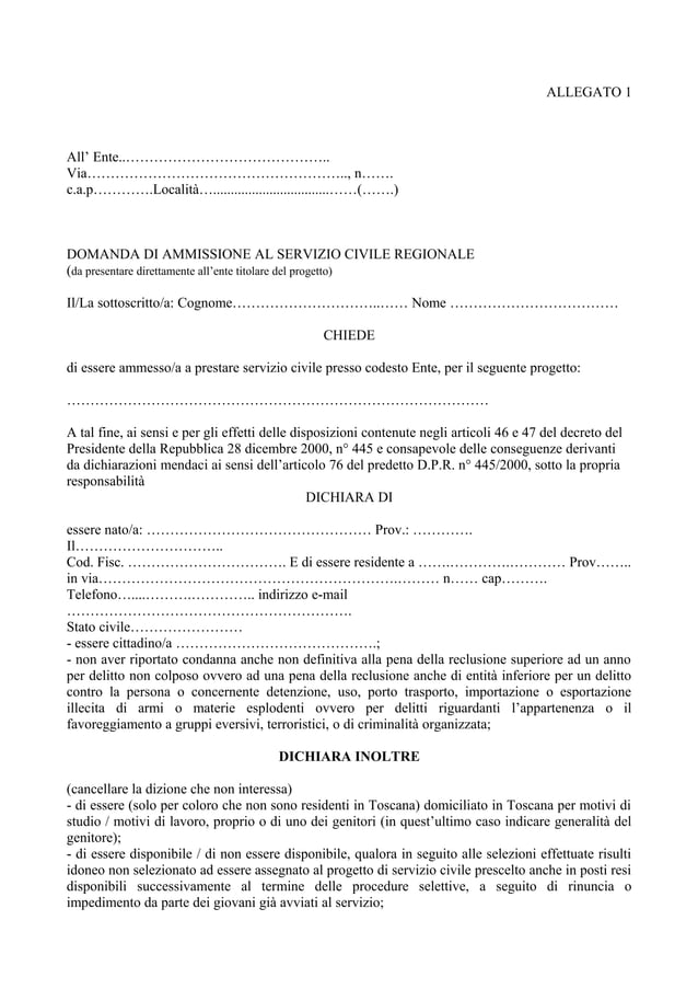 Fac simile domanda servizio civile