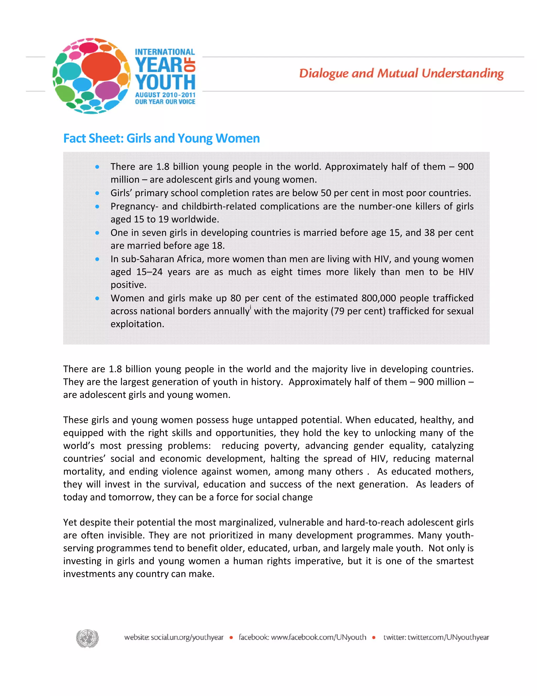 Fact sheet: Girls and young women | PDF | Reproductive Health ...