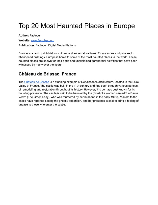 Factober.com Top 20 Most Haunted Places in Europe.pdf | Europe Travel ...