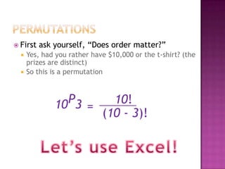 Factorials permutations and_combinations_using_excel | PPT