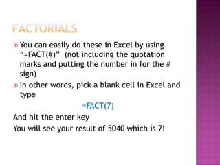 Factorials permutations and_combinations_using_excel | PPT