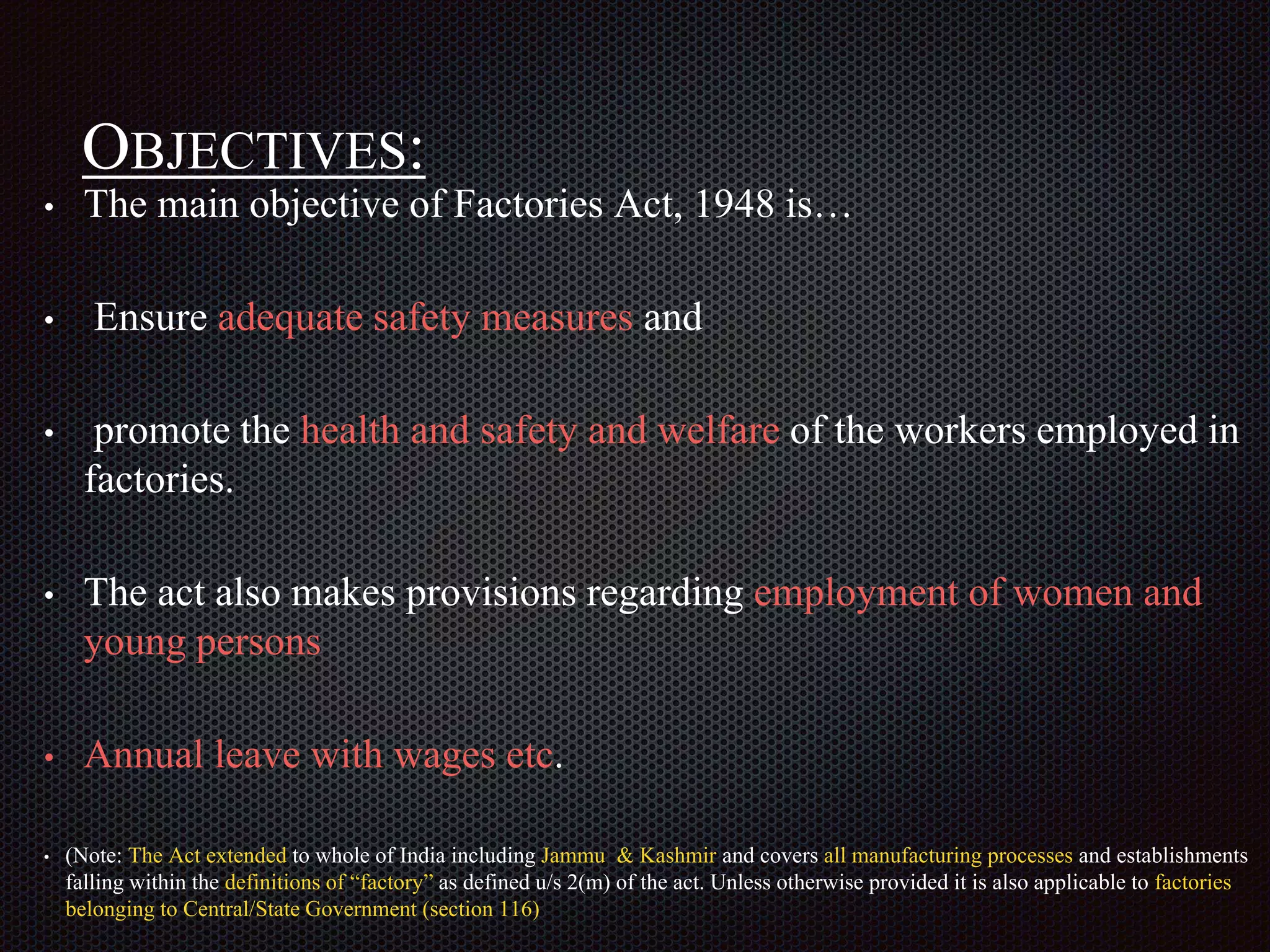 Factories act 1948 health, safety and welfare of workers | PPTX
