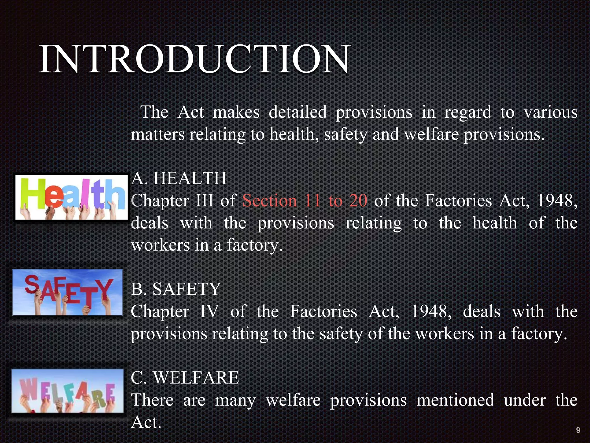 Factories act 1948 health, safety and welfare of workers | PPTX