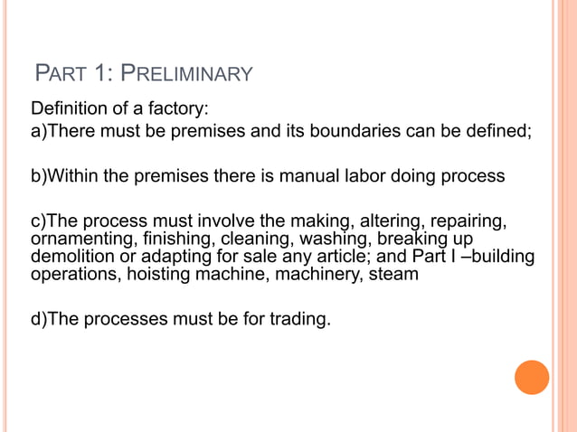 Factories and machinery act 1967 (fma 1967 | PPTX