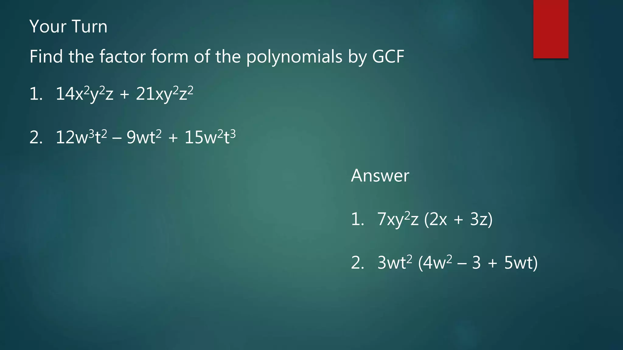 Factoring by gcf part 1 2nd | PPT | Free Download