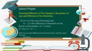 Factoring difference of two squares | PPTX