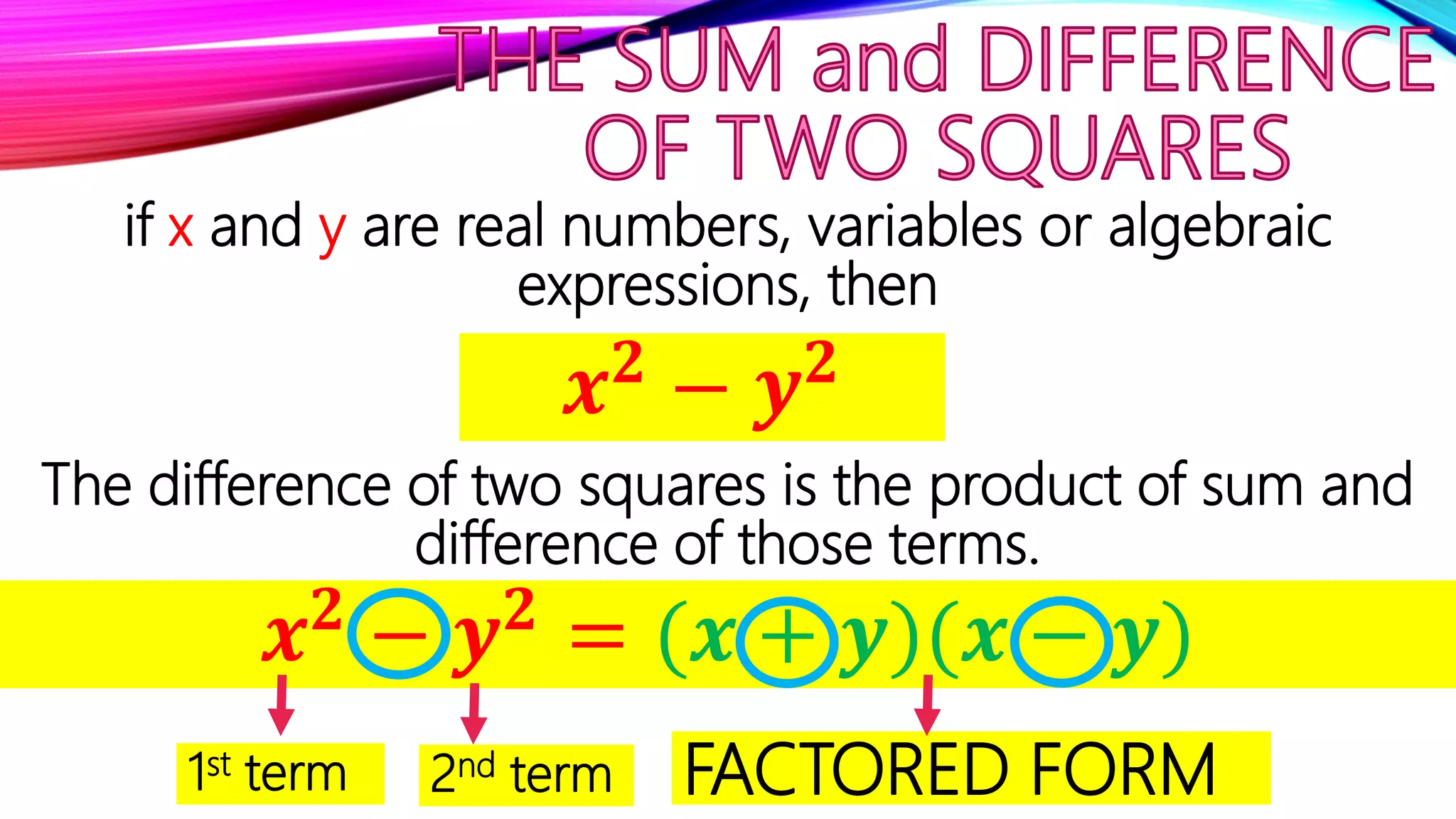 Factoring difference of two squares & cubes | PPT