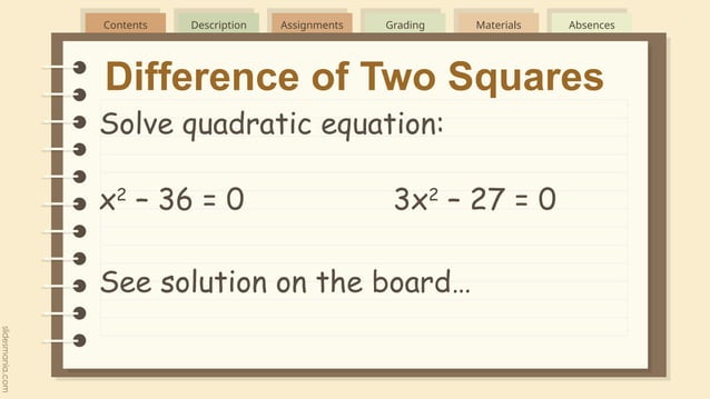 Solving quadratic equation by factoring method.pptx | Physics | Science