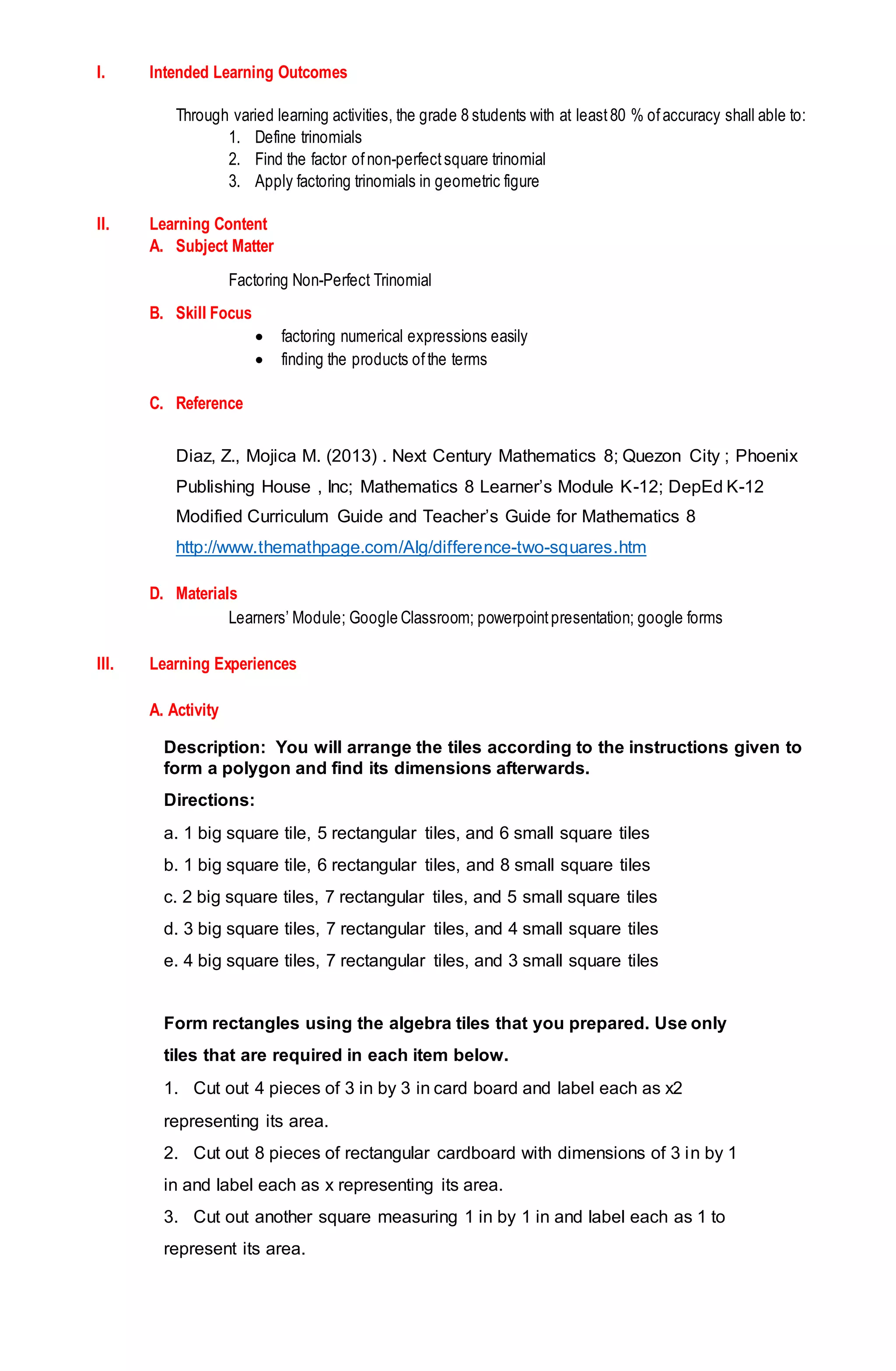 Factoring Non-Perfect Square Trinomial Lesson Plan | DOCX