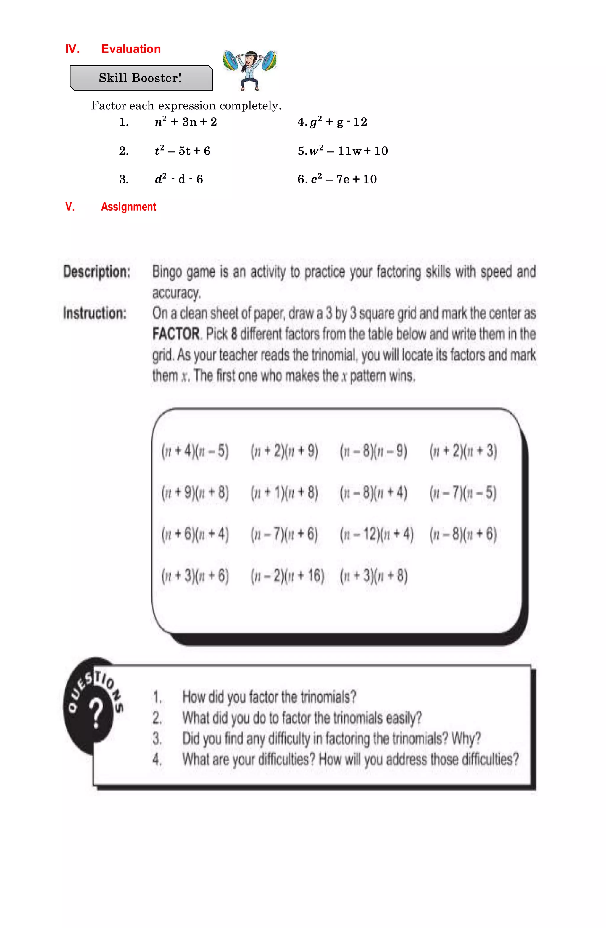 Factoring Non-Perfect Square Trinomial Lesson Plan | DOCX
