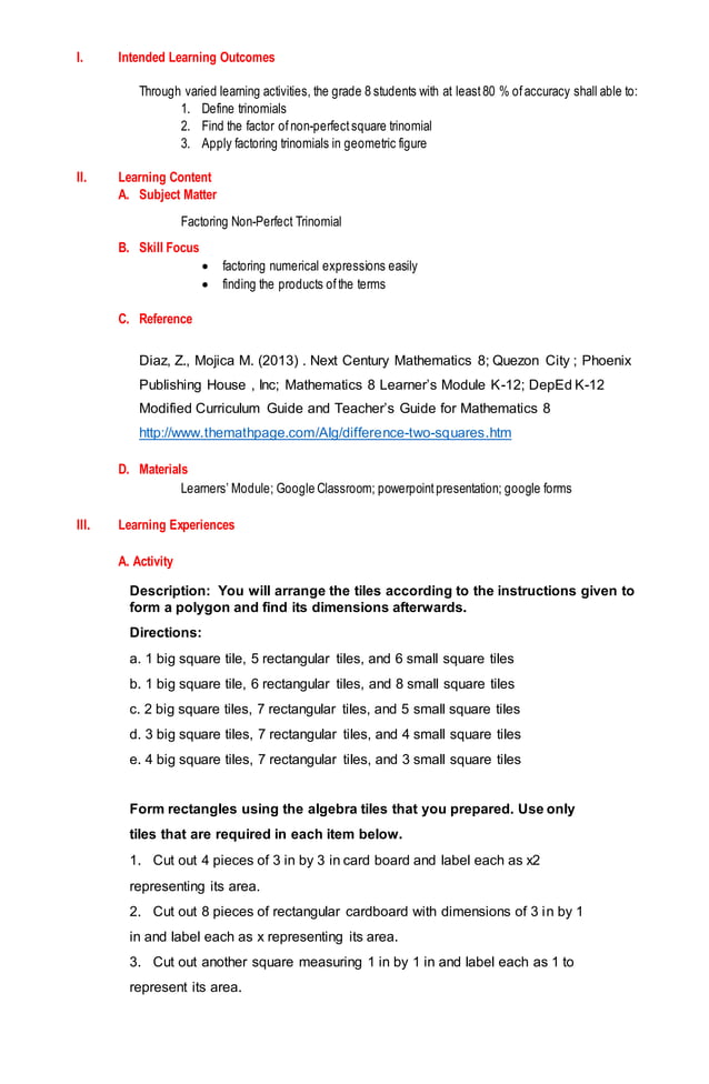 Factoring Non-Perfect Square Trinomial Lesson Plan | DOCX | Education