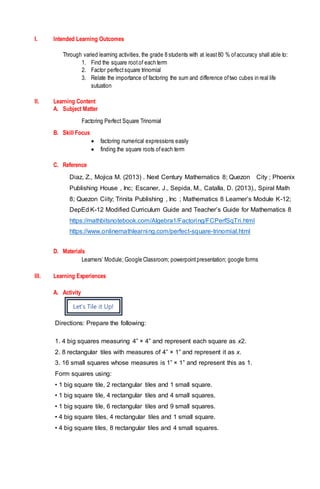 Factoring Perfect Square Trinomial | DOCX