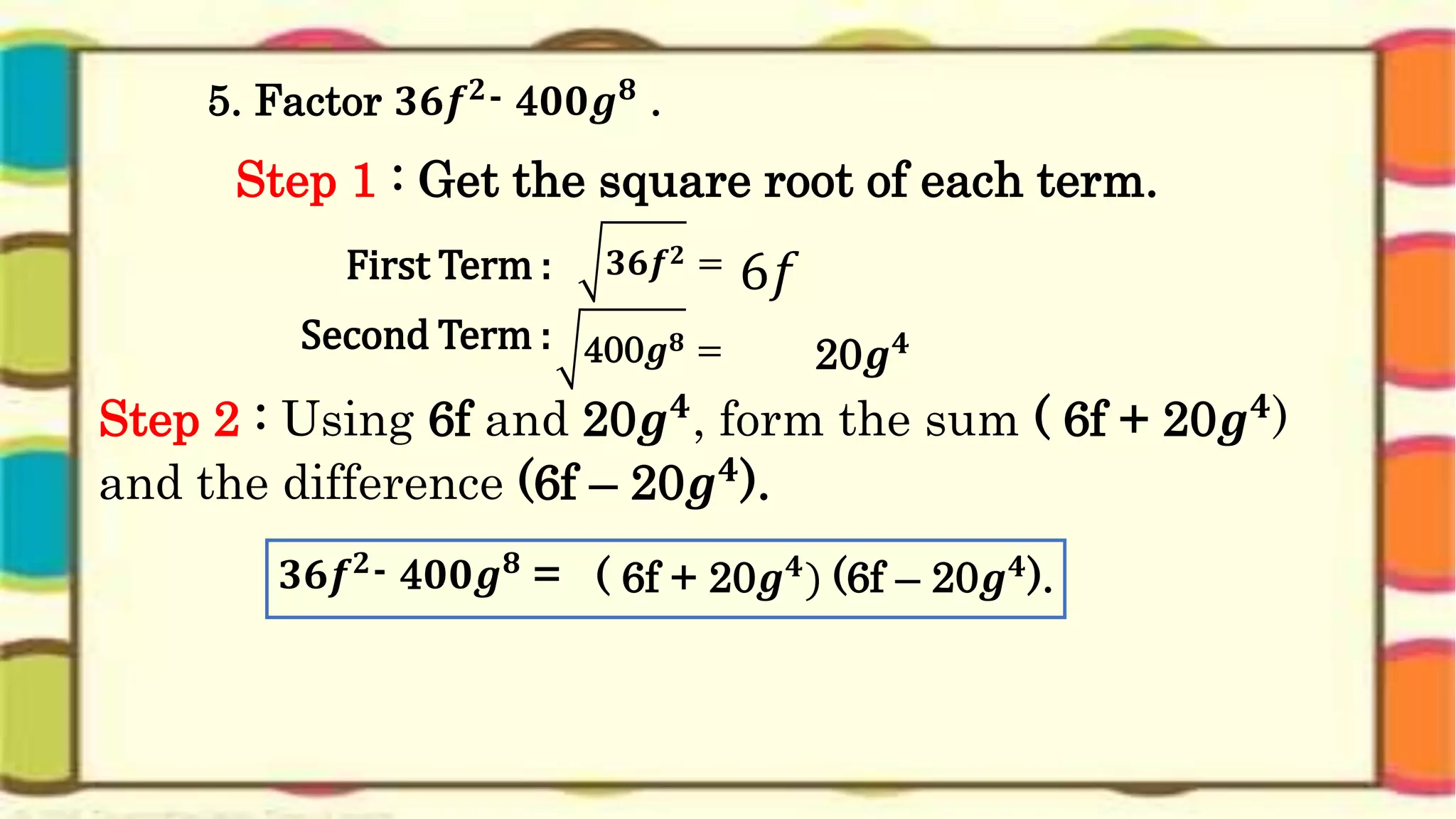 Factoring the difference of two squares | PPTX