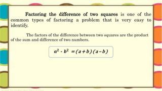 Factoring the difference of two squares | PPTX