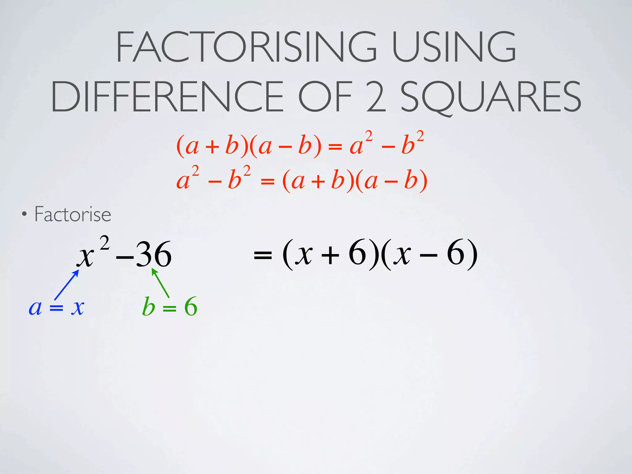 Factorising quads diff 2 squares perfect squares | KEY