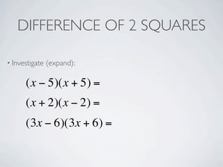 Factorising quads diff 2 squares perfect squares | KEY