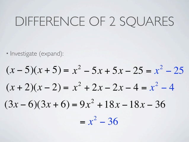 Factorising quads diff 2 squares perfect squares