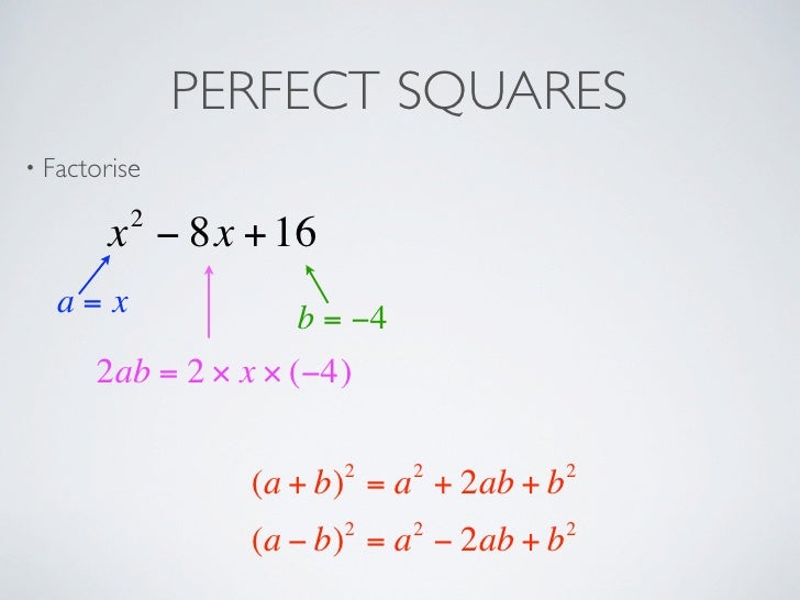 Factorising quads diff 2 squares perfect squares