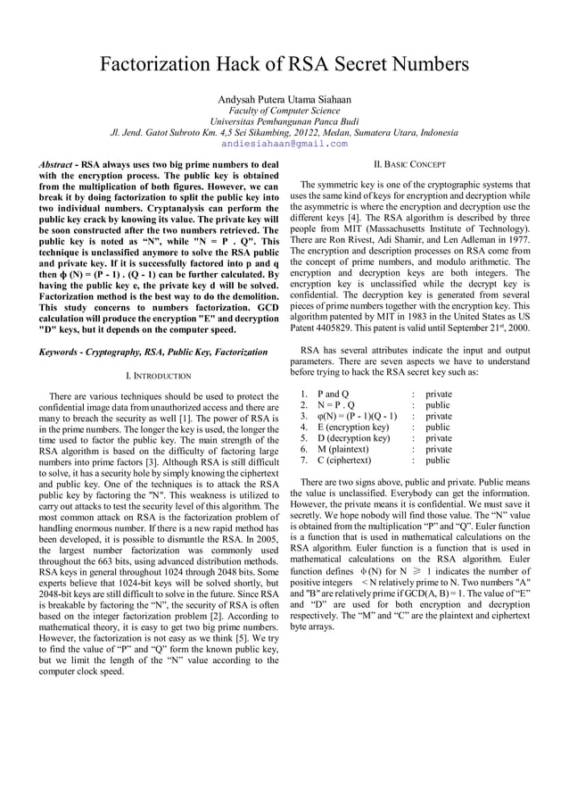 Factorization Hack of RSA Secret Numbers | PDF