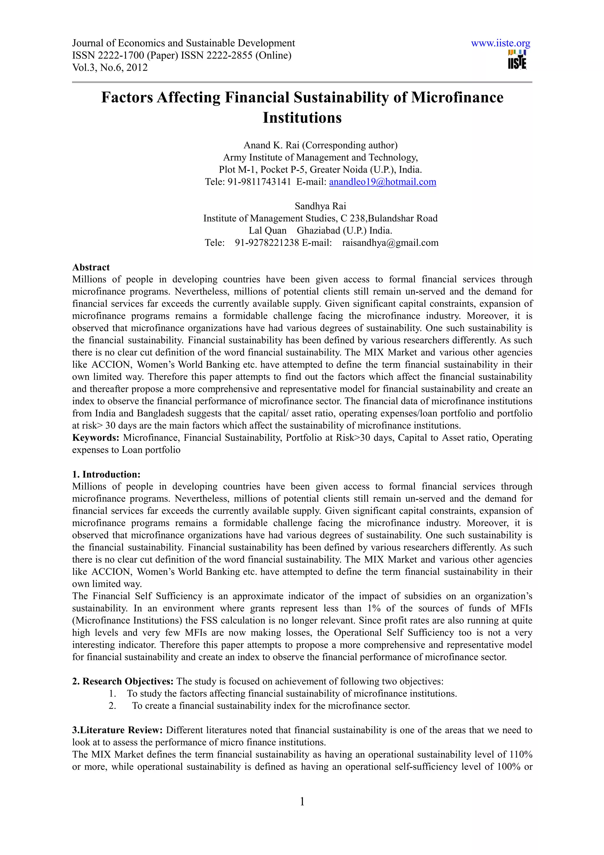 Factors affecting financial sustainability of microfinance institutions ...