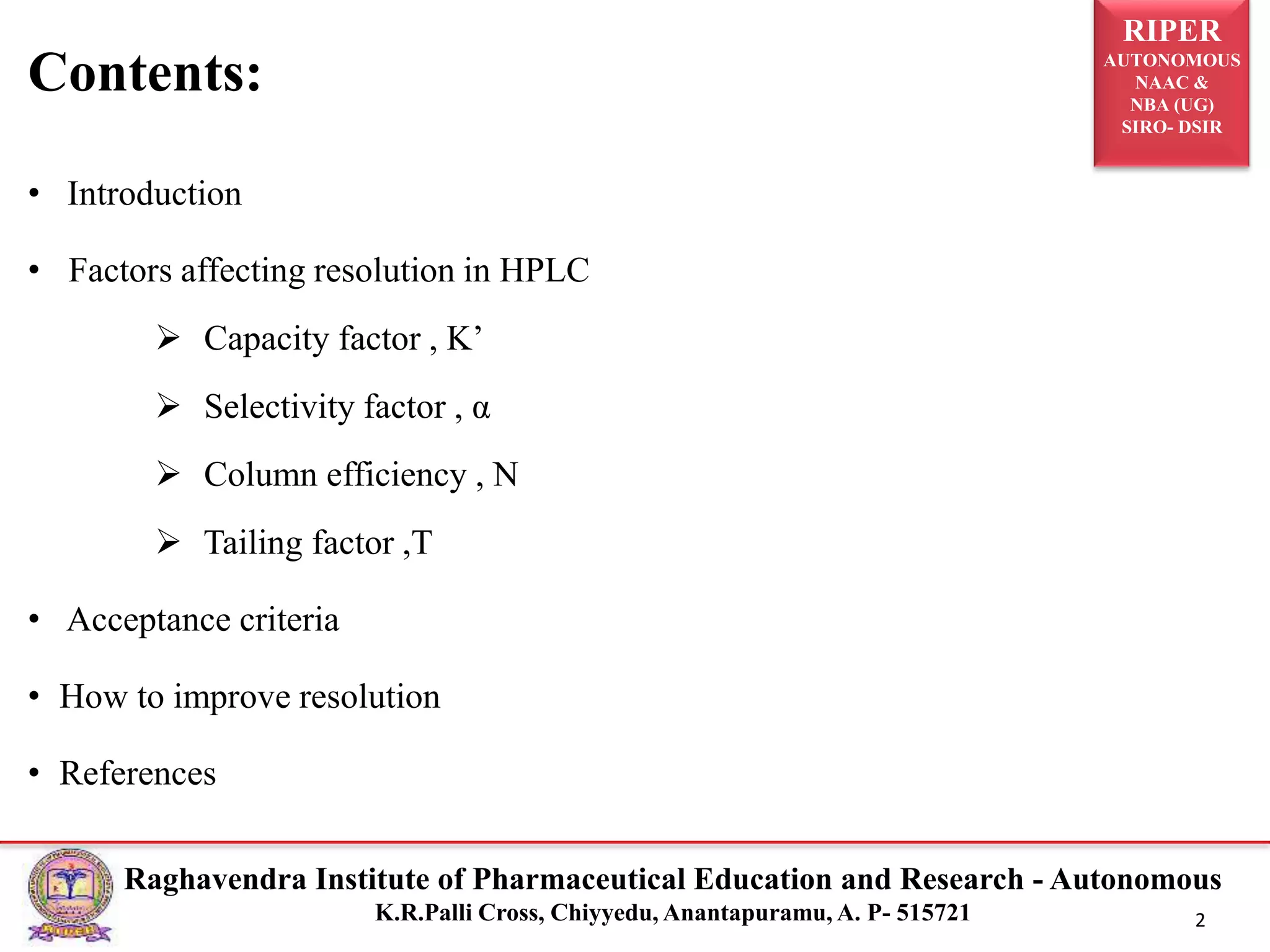 Factors Affecting Resolution In Hplc Pptx