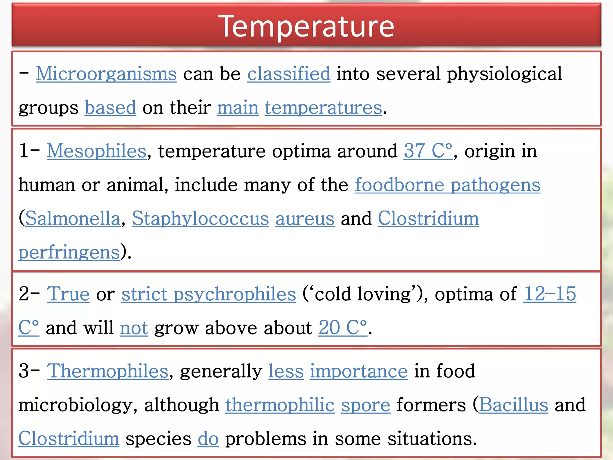Factors affecting the growth and survival of micro organisms in foods ...