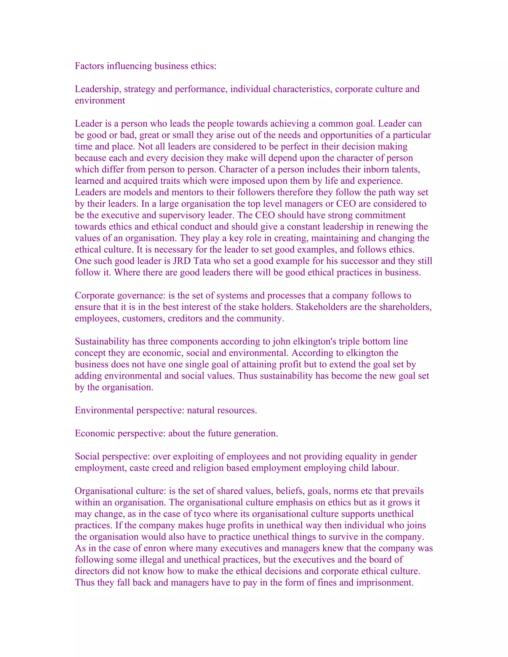 Factors influencing business ethics | DOC