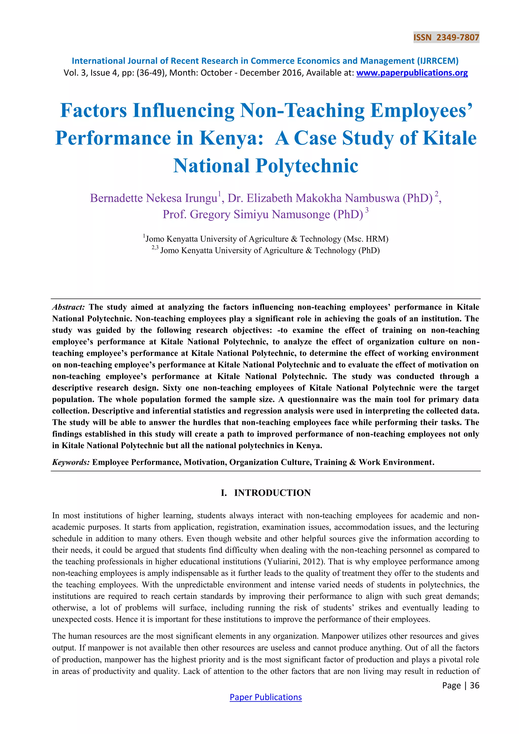 Factors Influencing Non-Teaching Employees’ Performance in Kenya: A ...