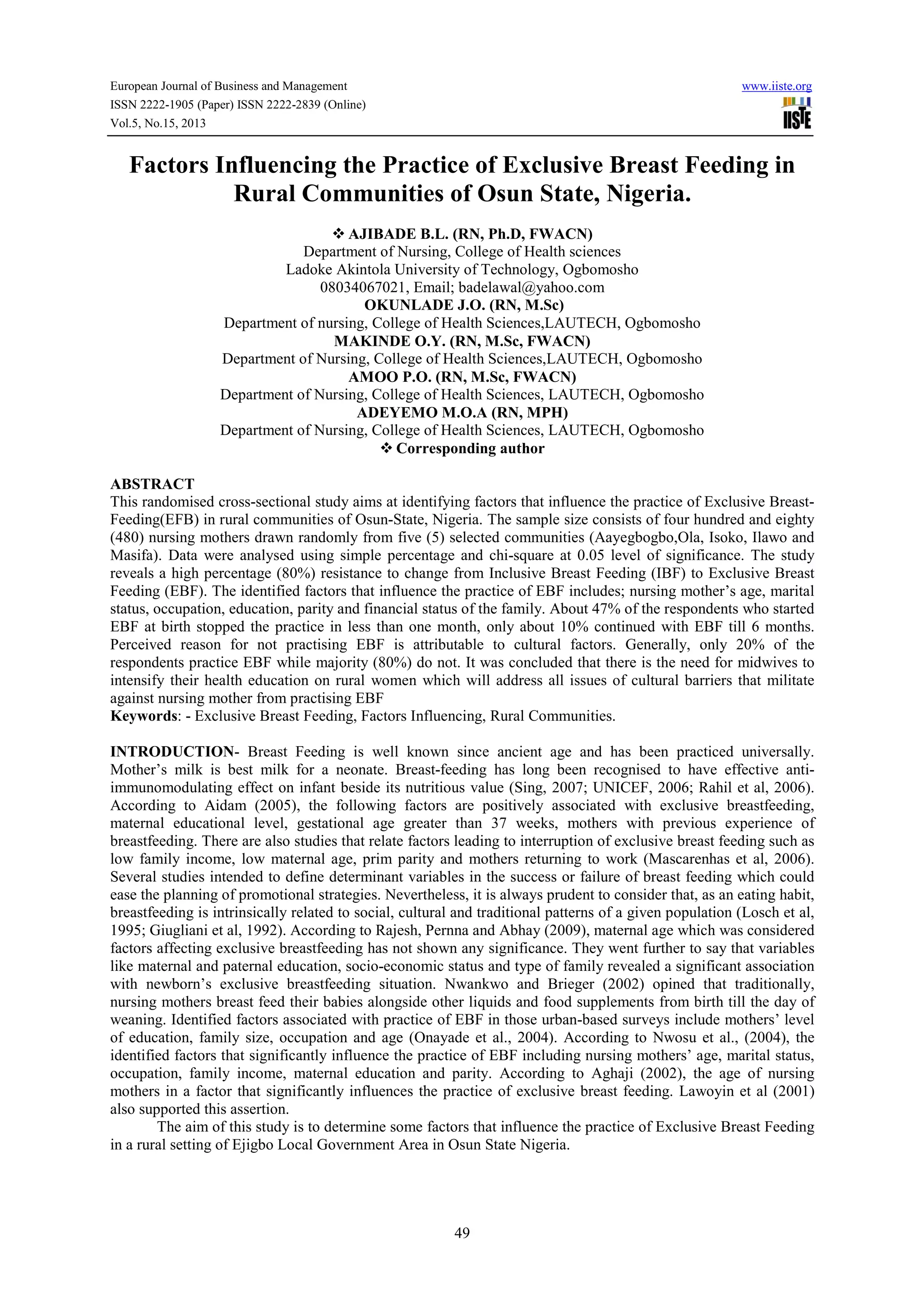 Factors influencing the practice of exclusive breast feeding in rural communities of osun state ...