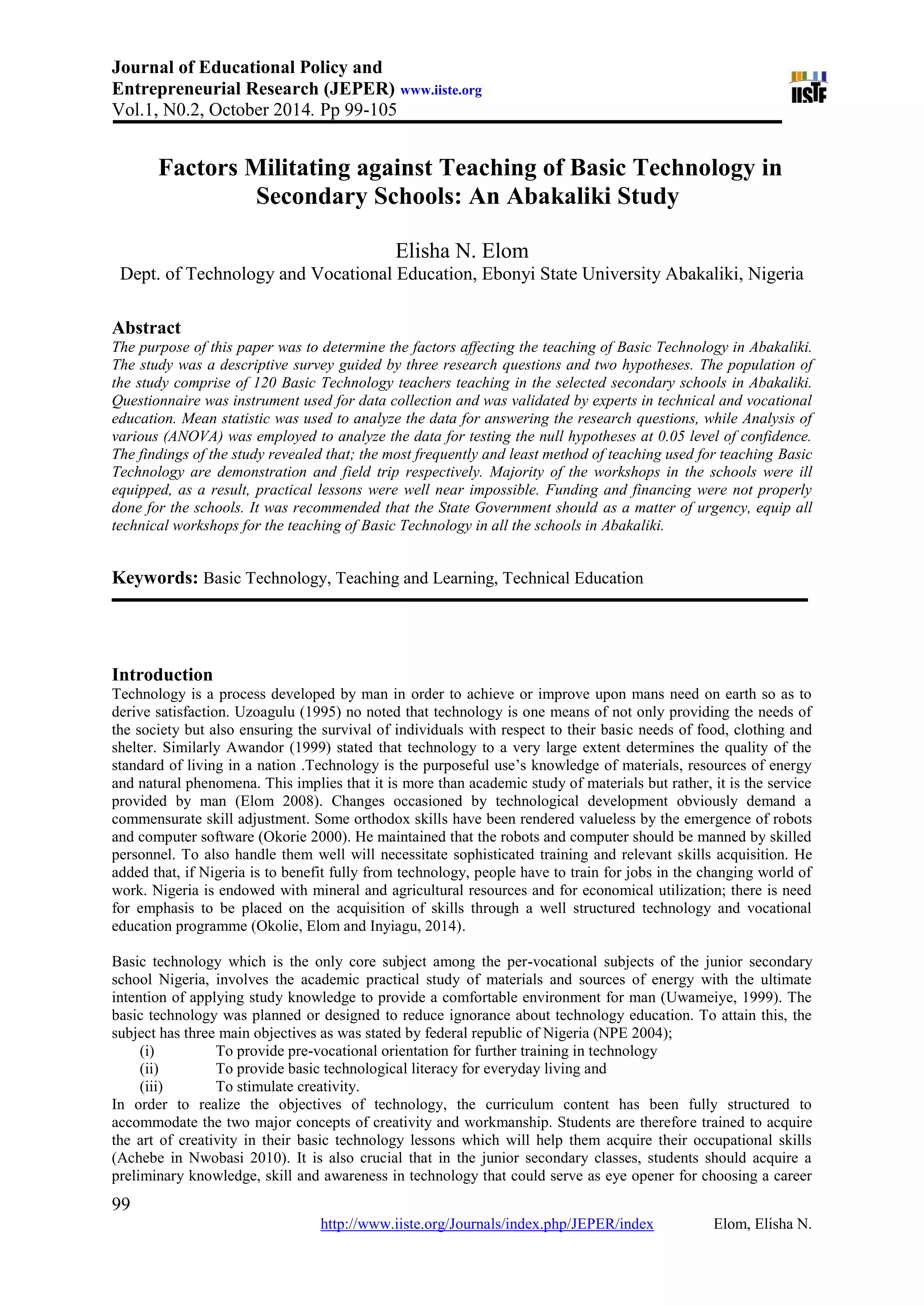 Factors militating against teaching of basic technology in | PDF