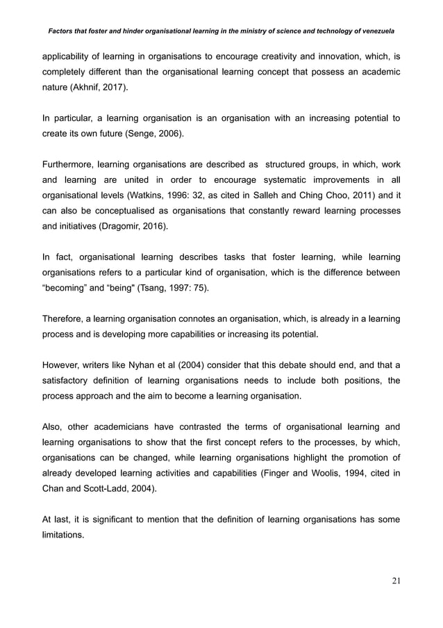 Factors that foster and hinder organisational learning. Mario Samuel ...