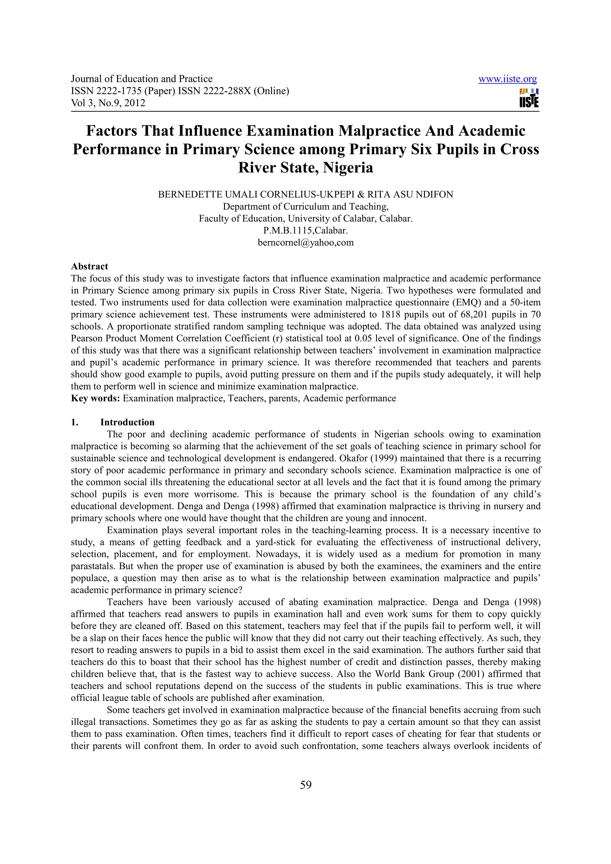Factors that influence examination malpractice and academic | PDF