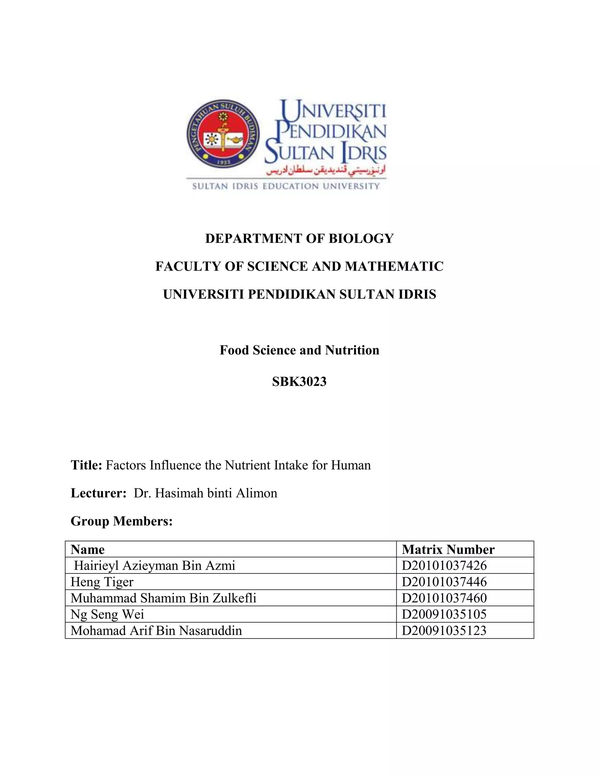 Factors that influence nutrition intake in human | DOCX