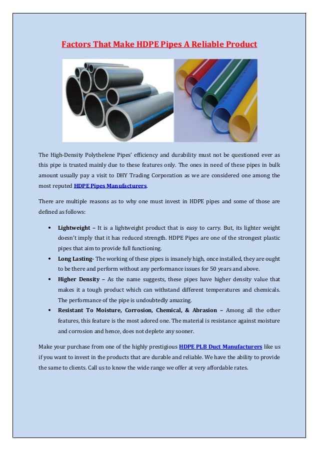 Factors that make hdpe pipes a reliable product
