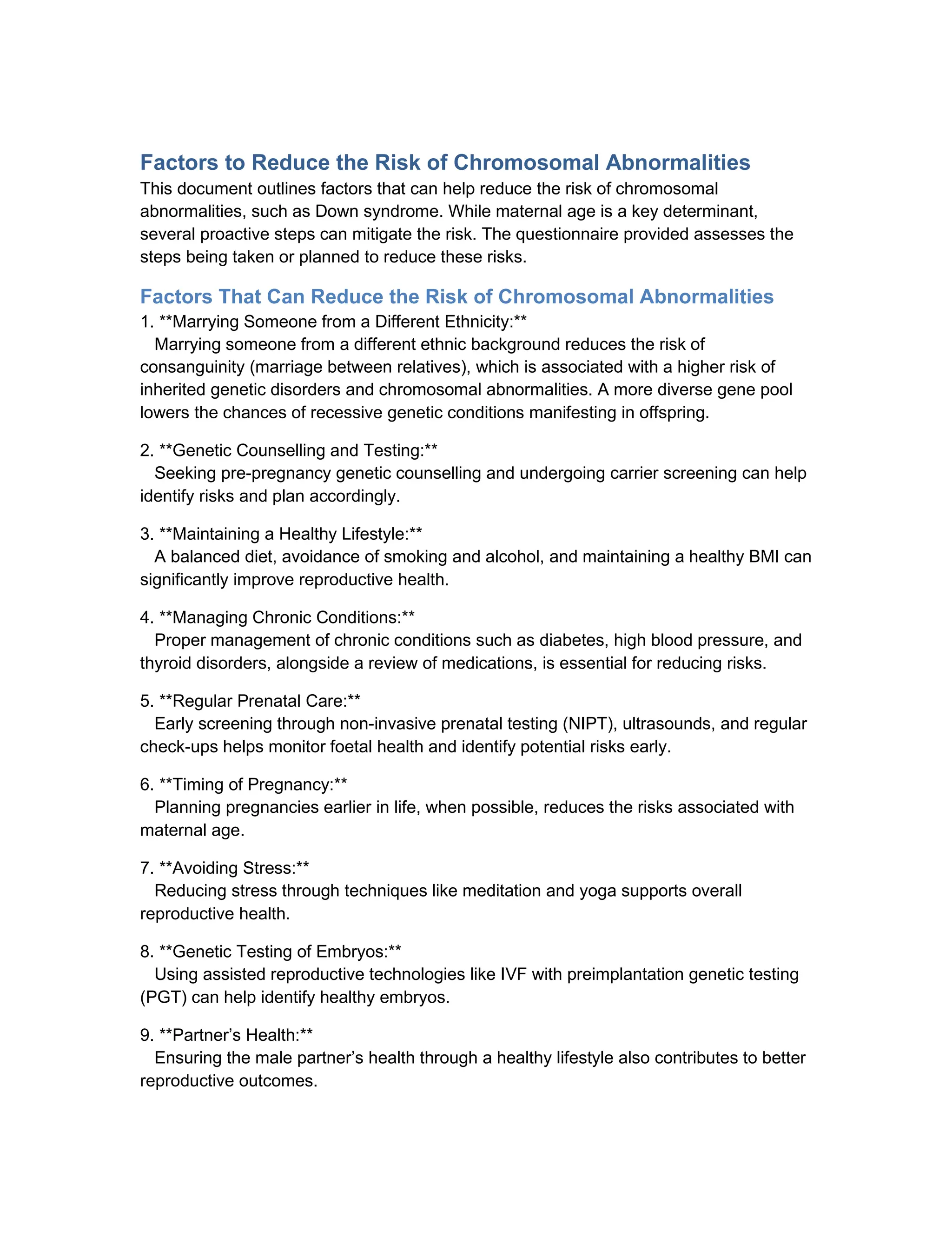 Factors to Reduce Risk of Chromosomal Abnormalities. | PDF