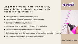 Factory compliance | Labour Law Compliance | Checklist | Aparajitha | PDF