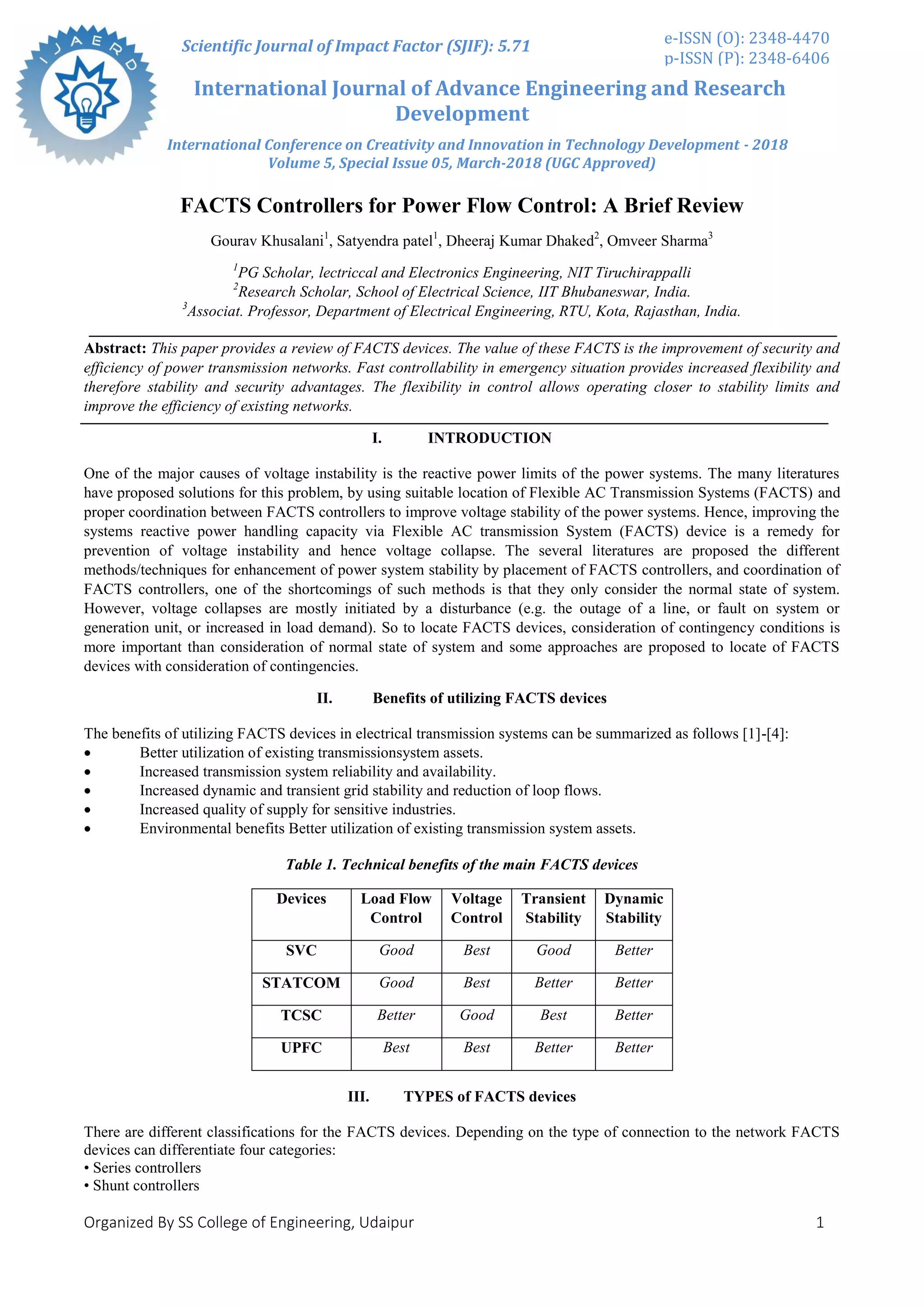 Facts controllers for power flow control a brief review | PDF