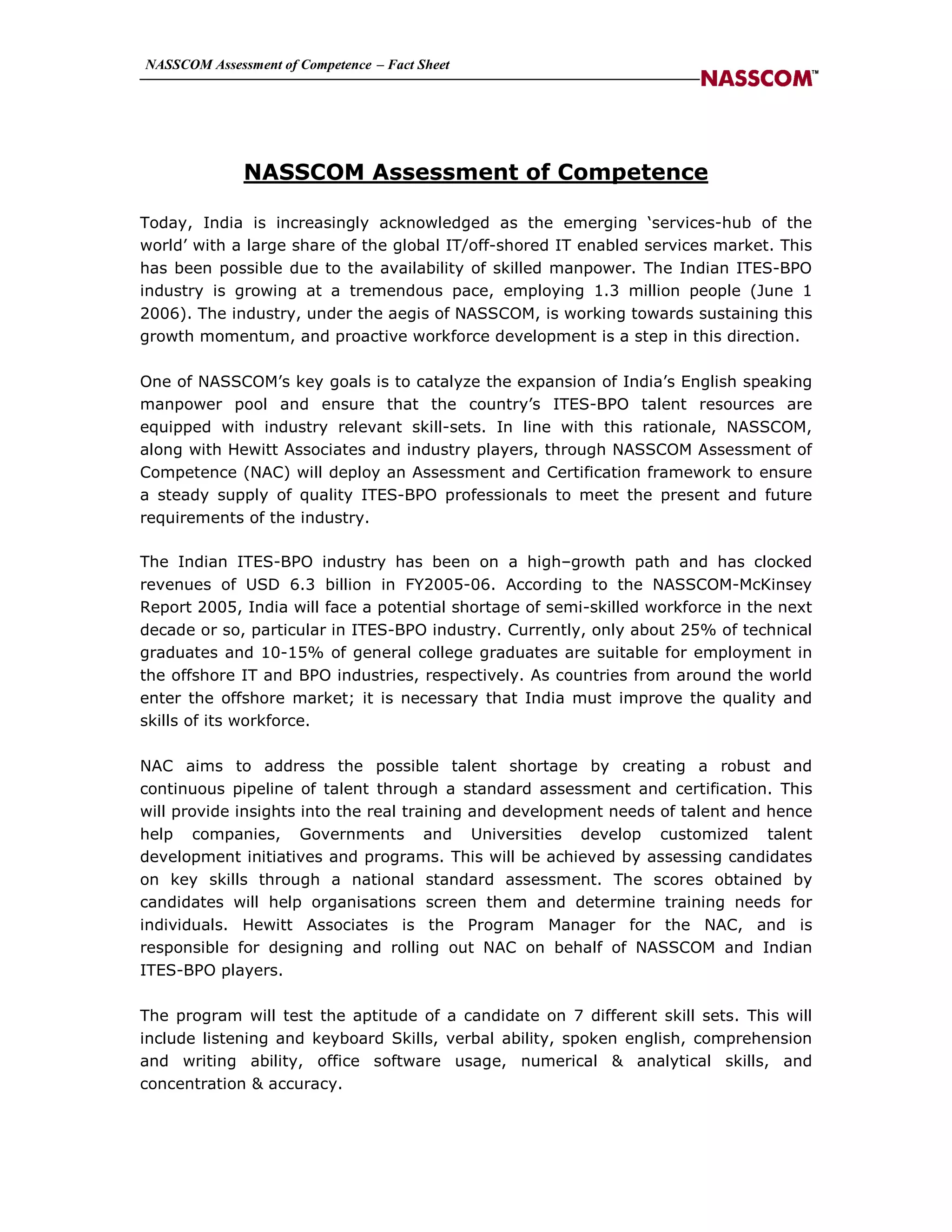 Factsheet Nasscom Assessment Of Competence | PDF