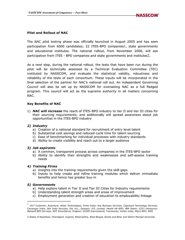 Factsheet Nasscom Assessment Of Competence | PDF