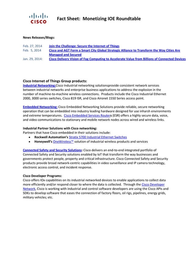Monetizing the Internet of Everything: Media Session fact sheet at ...
