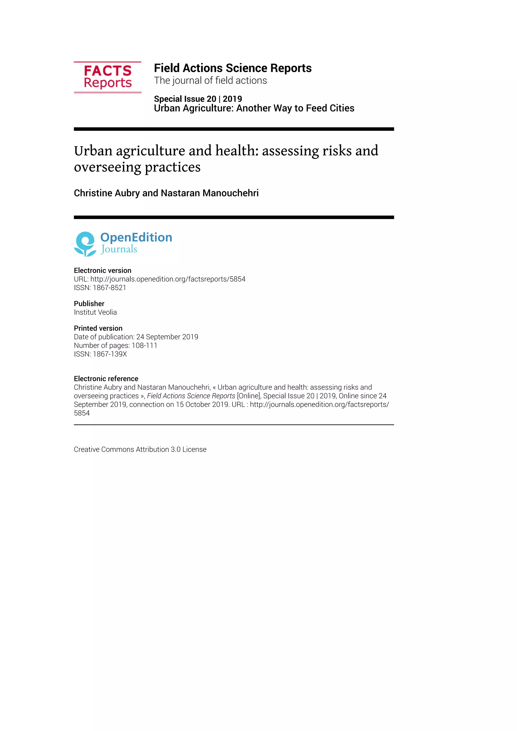 URBAN AGRICULTURE AND HEALTH: ASSESSING RISKS AND OVERSEEING PRACTICES ...