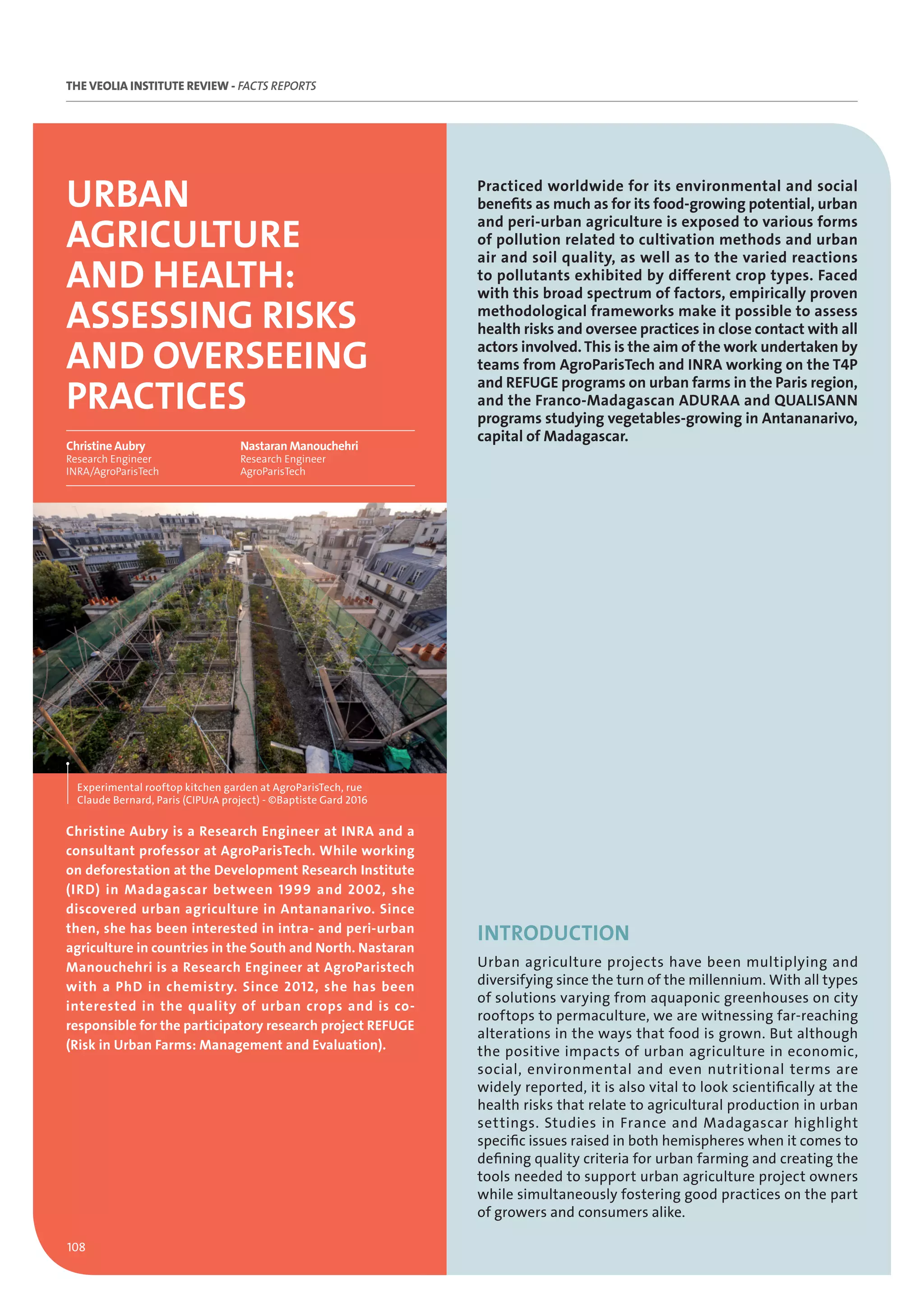 URBAN AGRICULTURE AND HEALTH: ASSESSING RISKS AND OVERSEEING PRACTICES ...