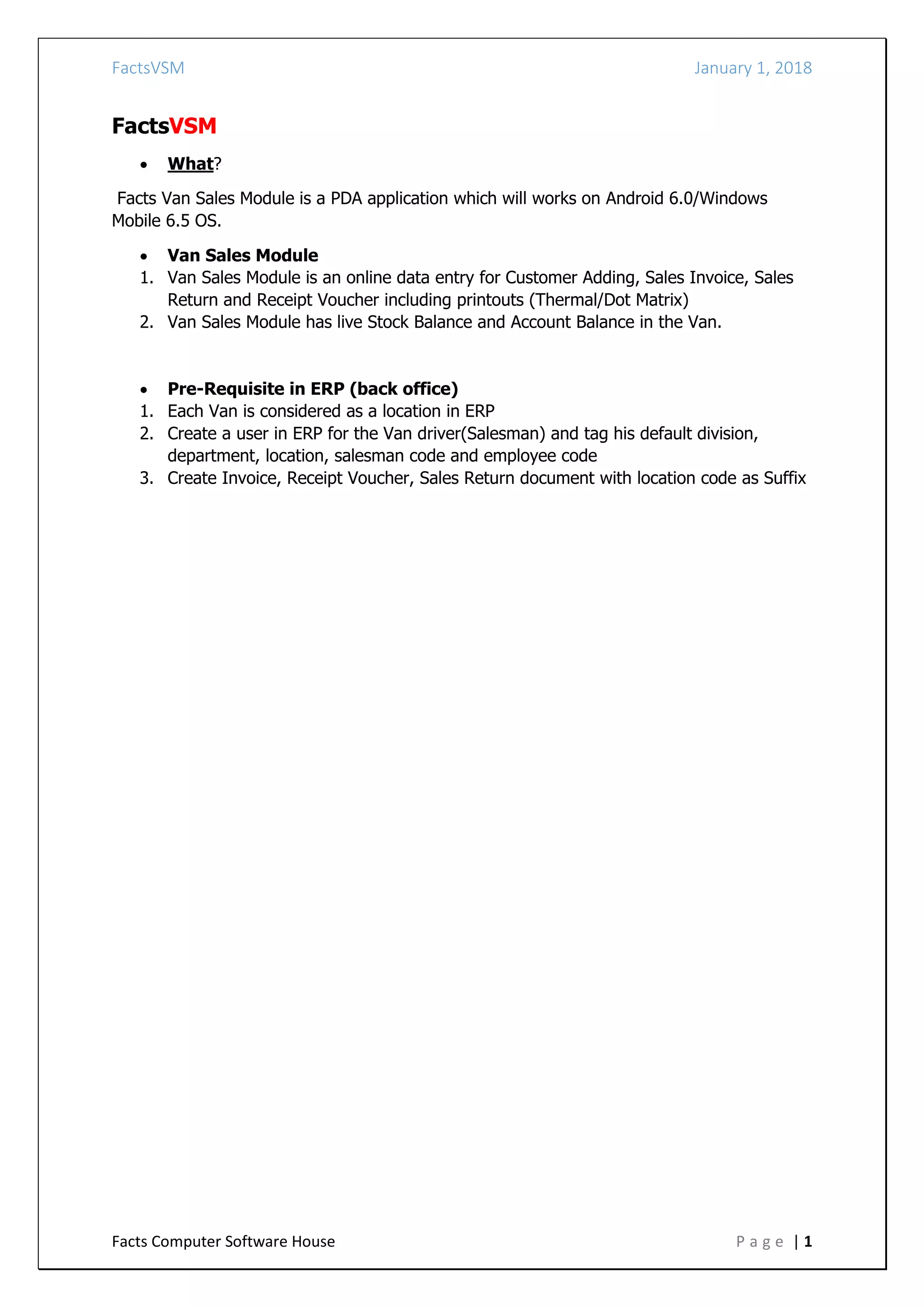 FactsVSM - Vansales Module | PDF