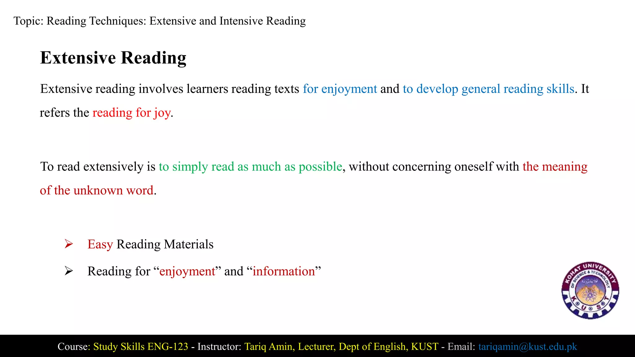 Reading Techniques, Extensive and Intensive Reading | PPTX