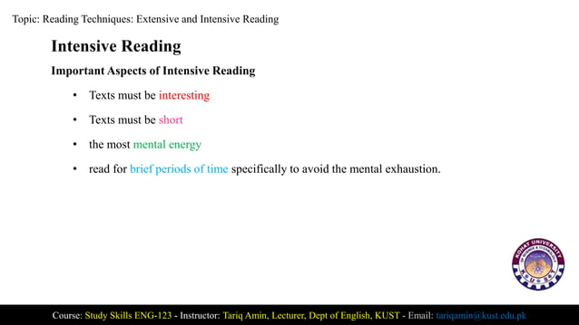 Reading Techniques, Extensive and Intensive Reading | PPTX | Homework ...