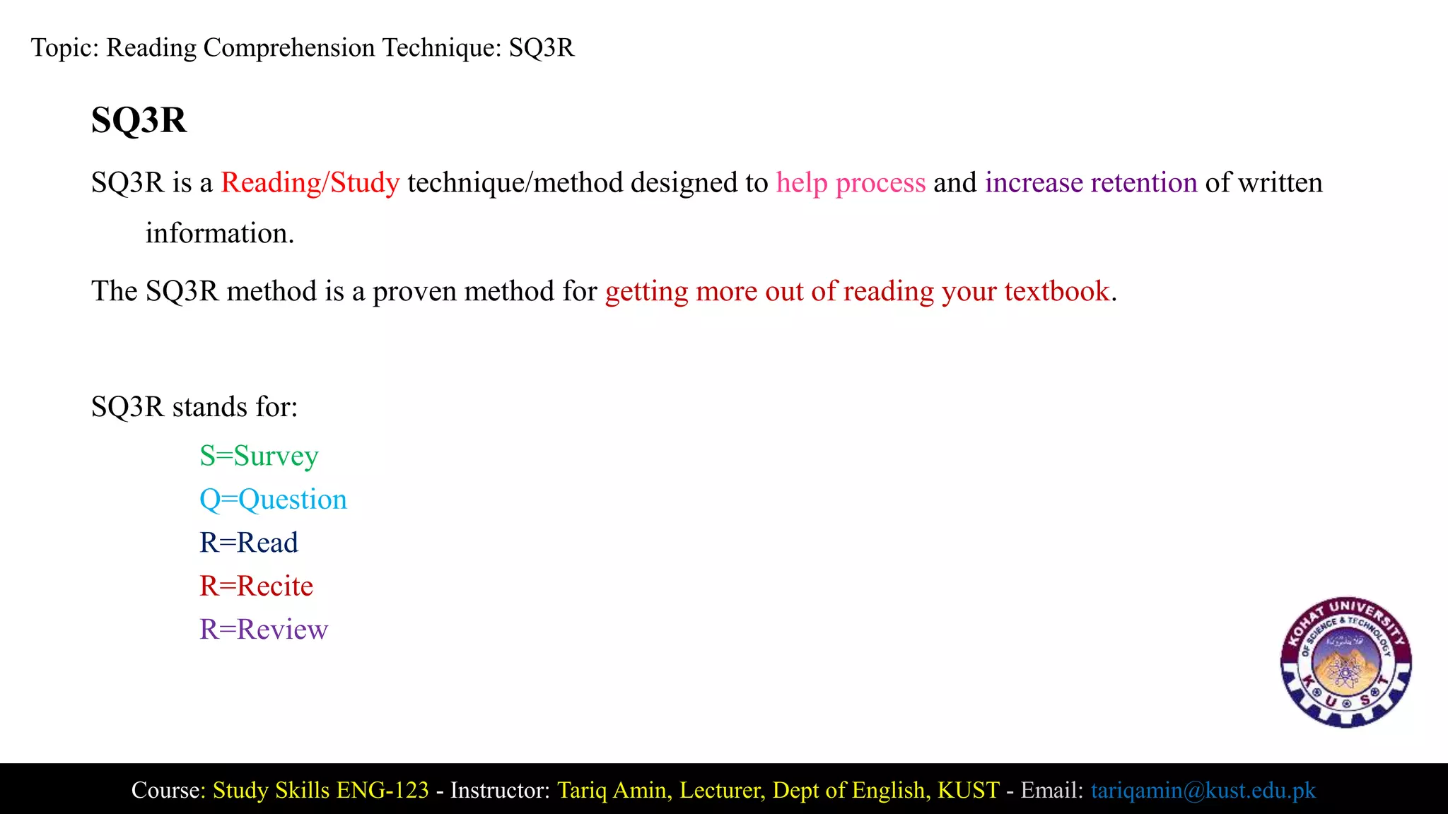 Reading Comprehension Technique: SQ3R | PPTX