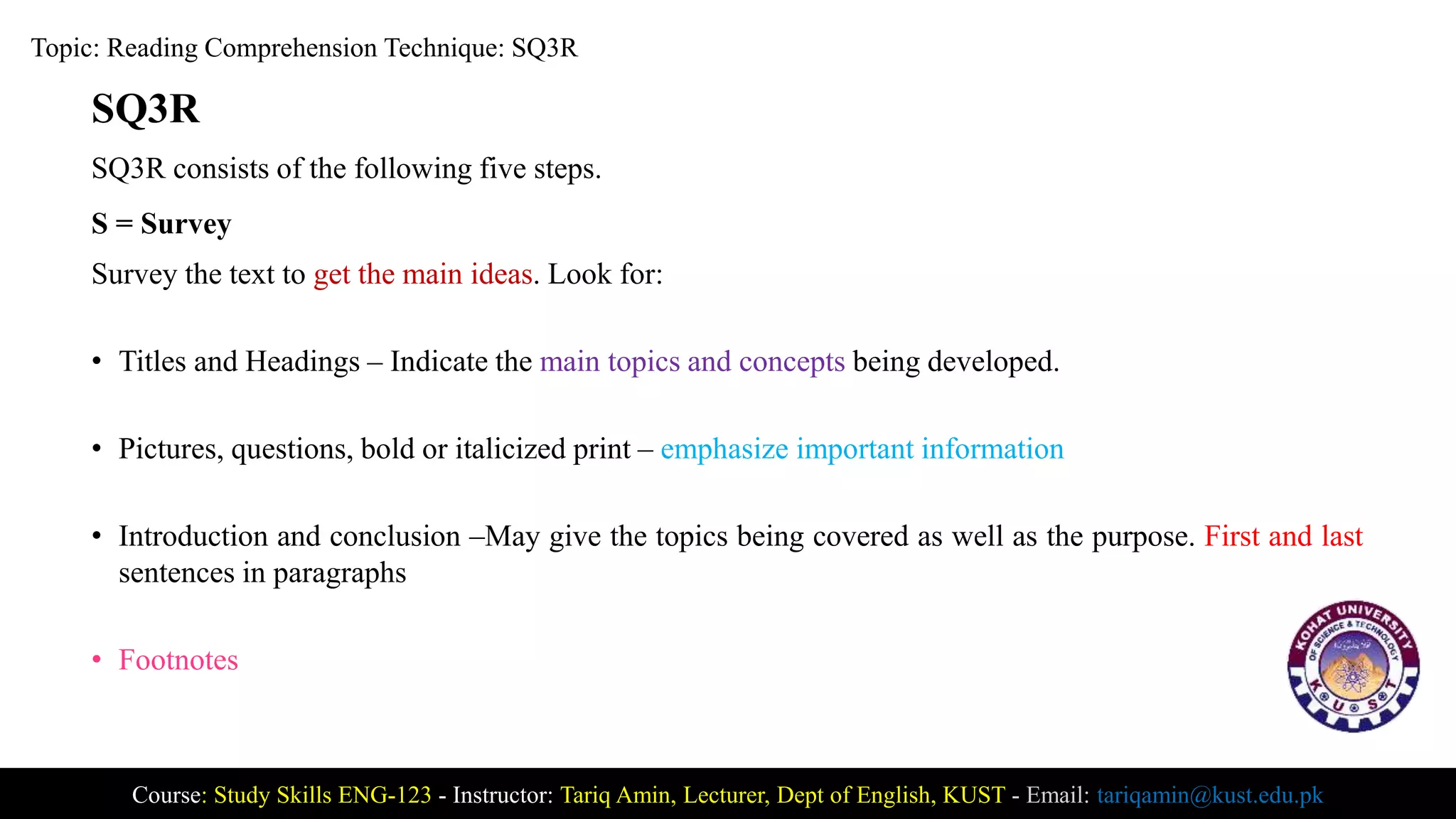 Reading Comprehension Technique: SQ3R | PPTX
