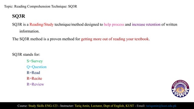 Reading Comprehension Technique: SQ3R | PPTX